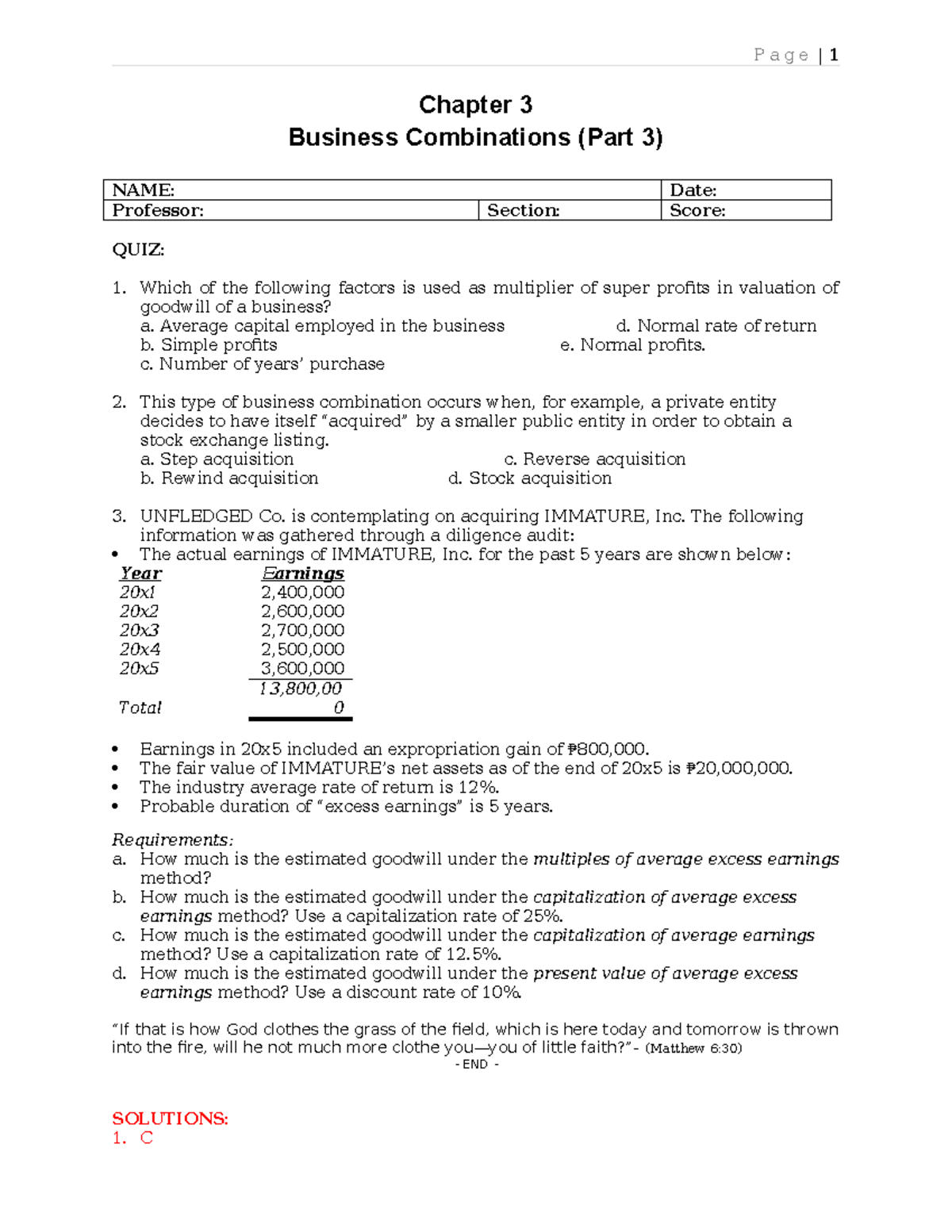 QUIZ: Chapter 3 - Business Combinations (Part 3) Analysis - Studocu