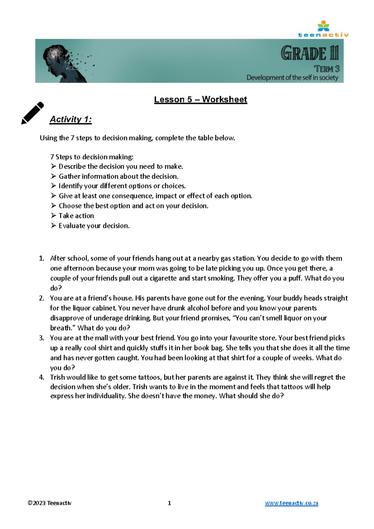Lesson 5 Activity: 7 Steps to Decision Making Worksheet - Studocu