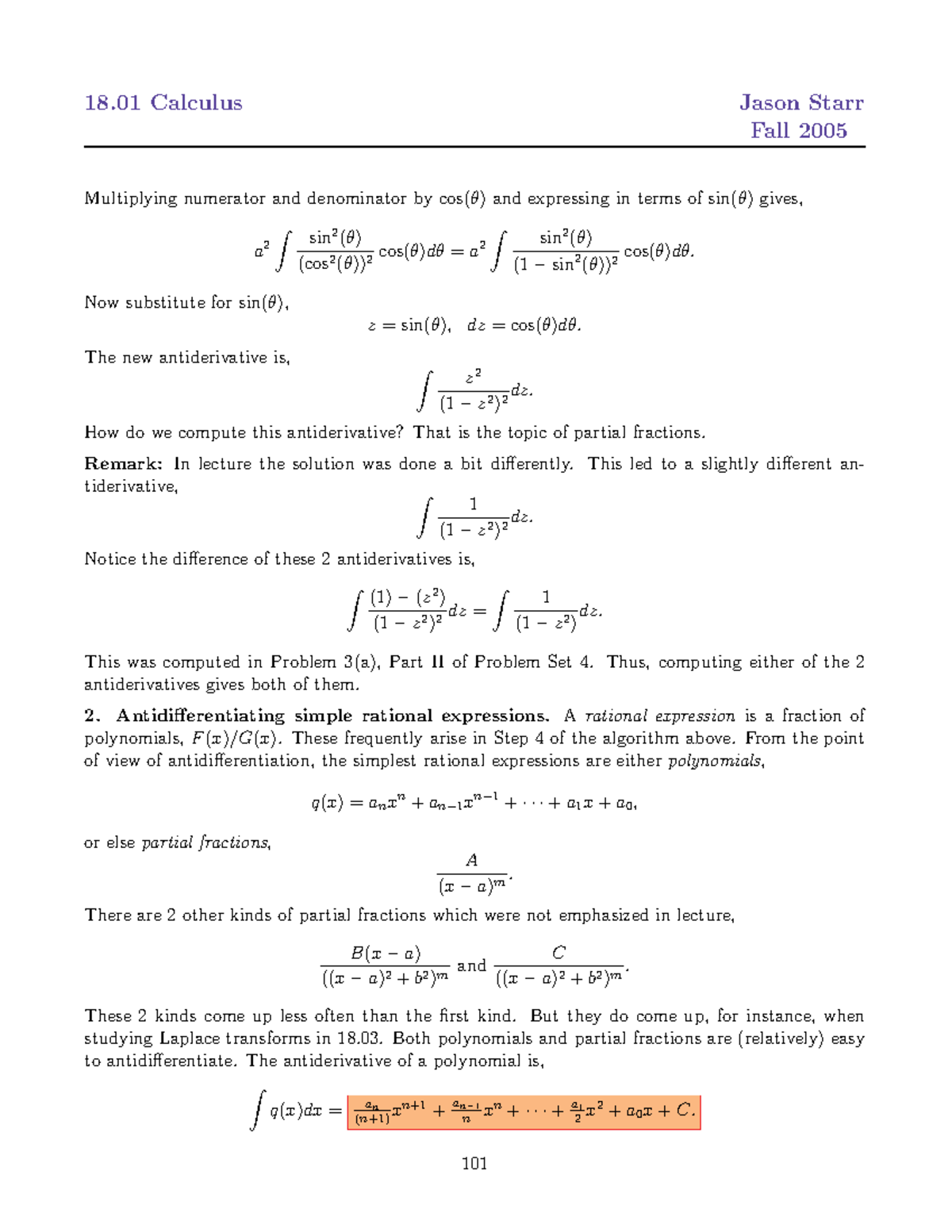 18.01 Calculus Final Exam Notes on Antiderivatives and Partial ...