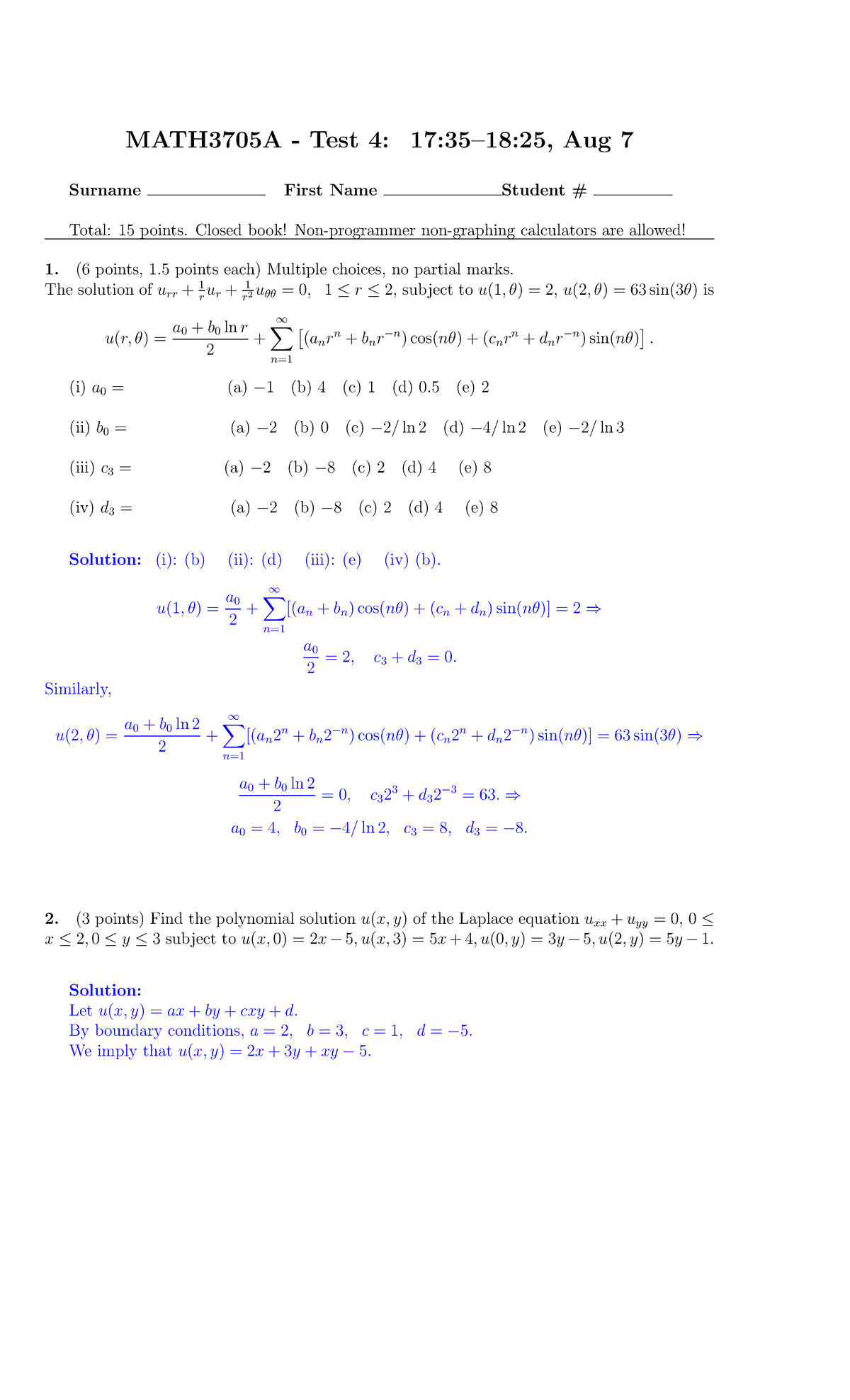 MATH3705 - Test 4 Solutions & Analysis - Summer Session - Studocu