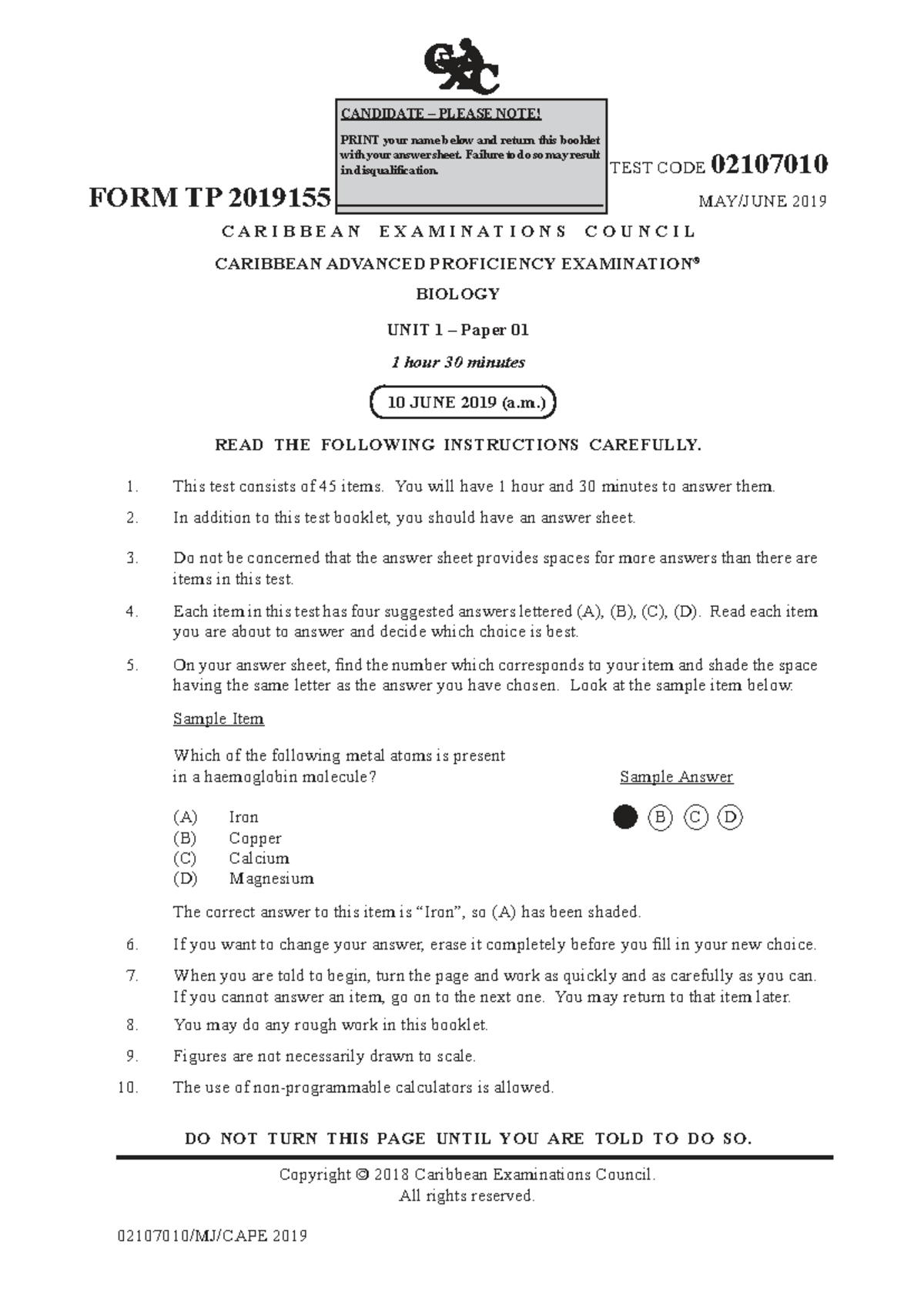 Biology CAPE Unit 1 Paper 01 - 2019 Exam Instructions and Questions ...