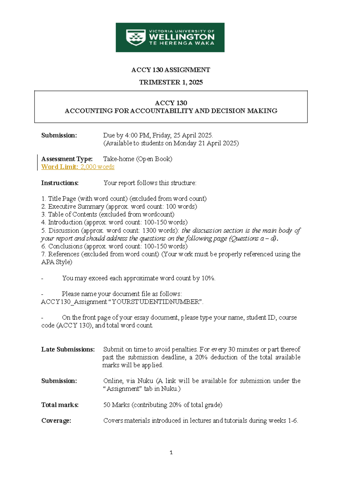 ACCY 130 Assignment Trimester 1, 2025: Accounting Report Guidelines ...