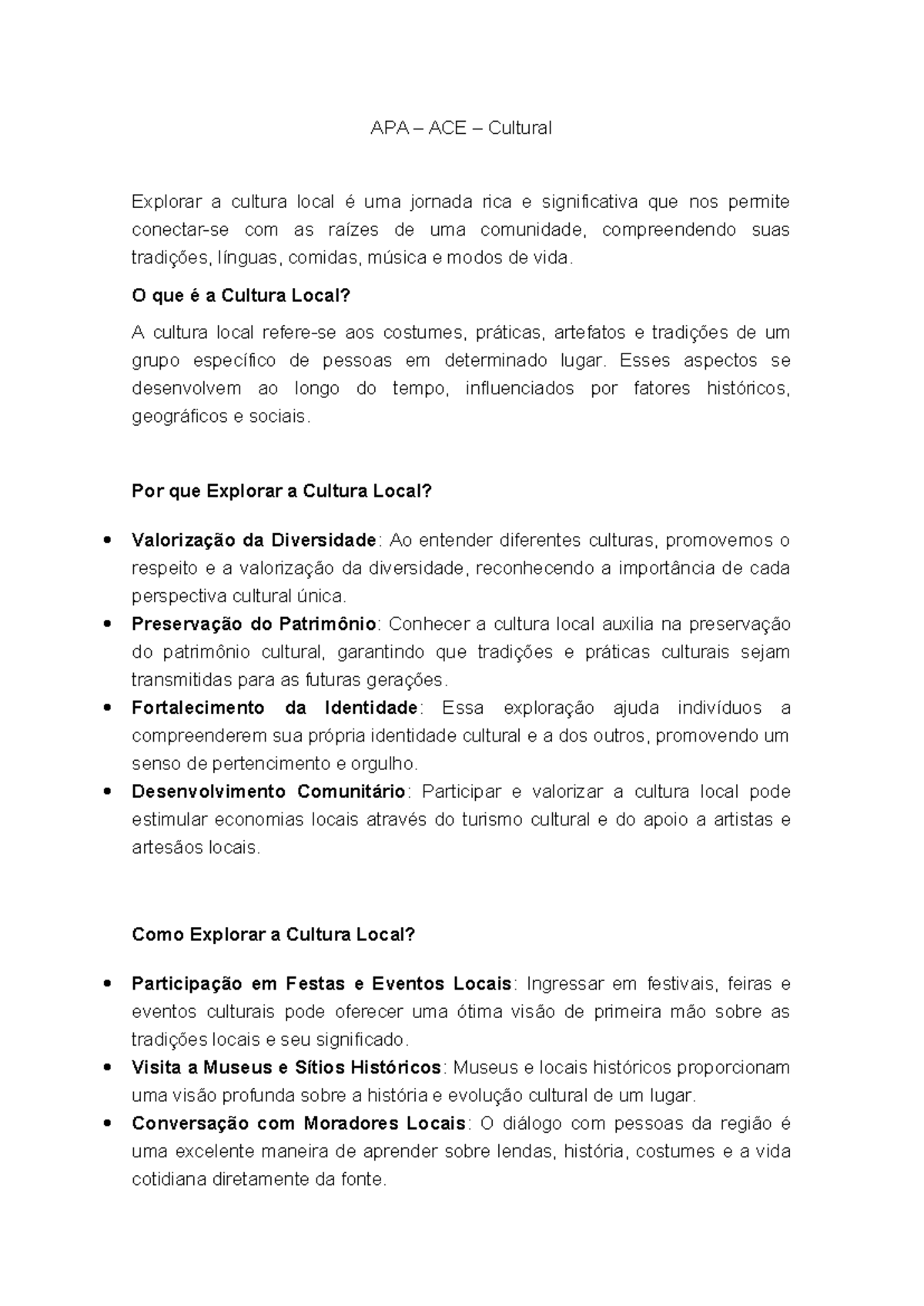 APA - ACE - Cultural - Exploração da Cultura Local e Identidade - Studocu