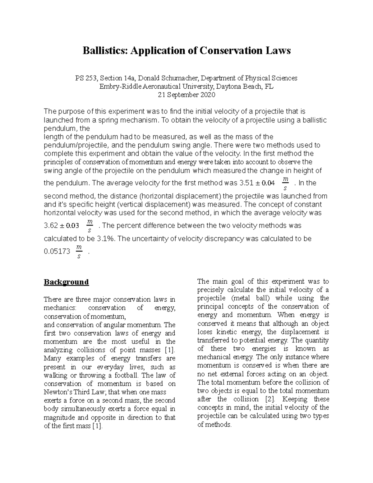 PS 253 Ballistics Lab Report: Calculating Projectile Initial Velocity ...