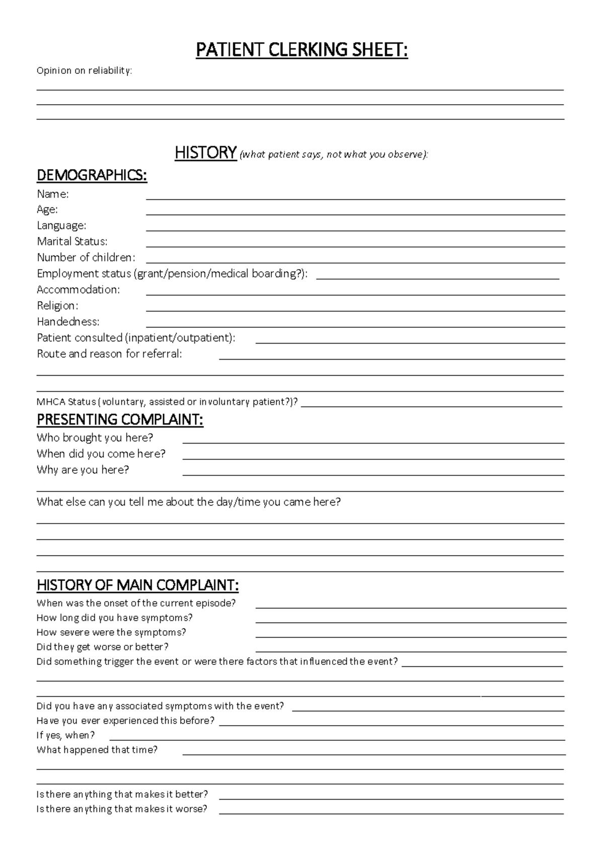 Clinical Patient Clerking Sheet: Comprehensive History & Assessment ...