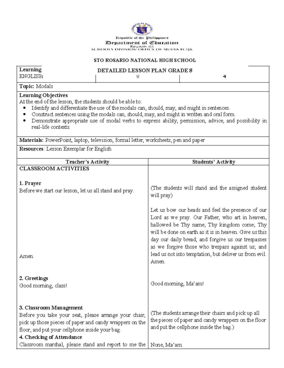 DLP GRADE 8 ENGLISH LESSON PLAN: MODALS (Quarter 4, Lesson 8) - Studocu