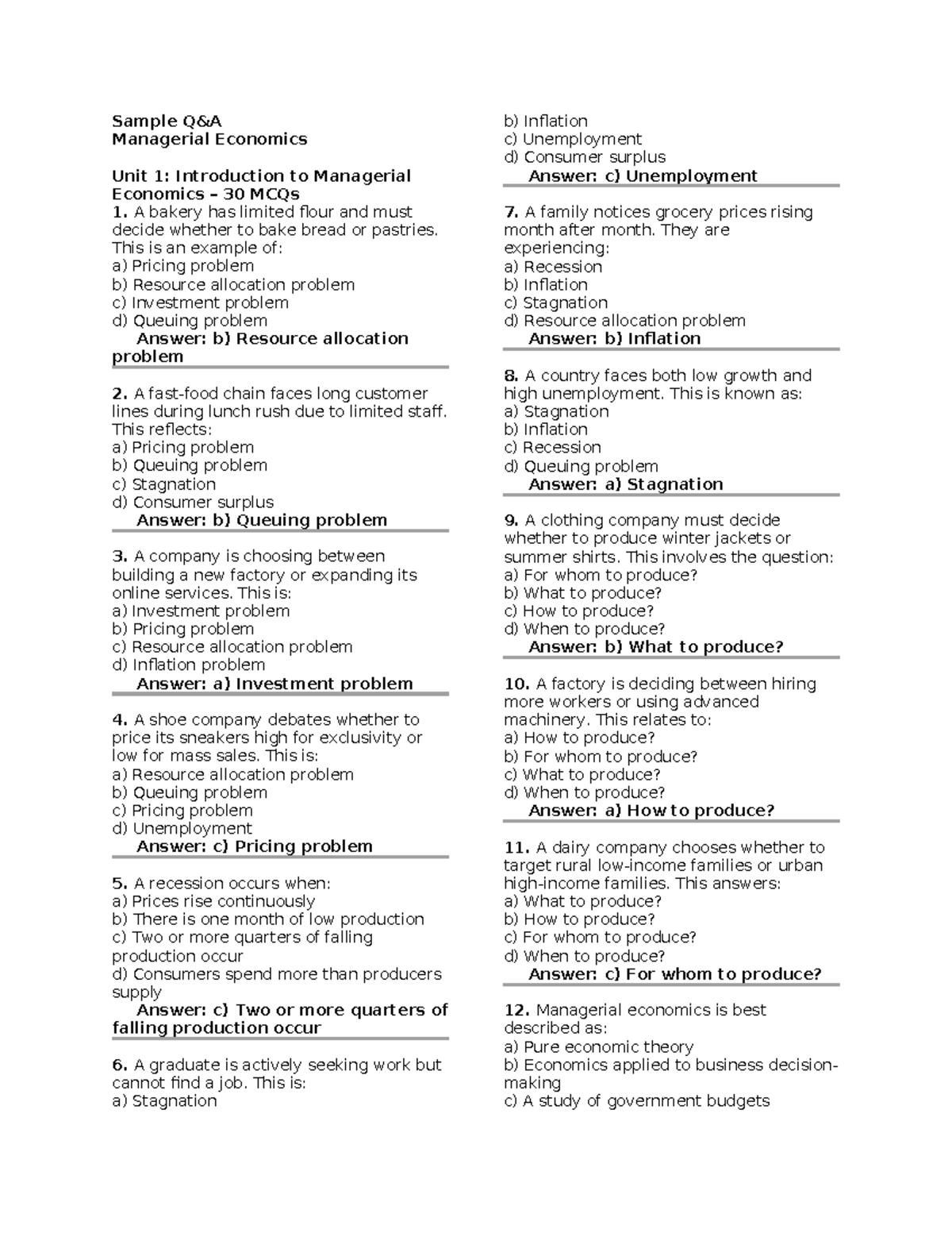 Q&A - Managerial Economics Units 1-4: 30 MCQs Each - Studocu