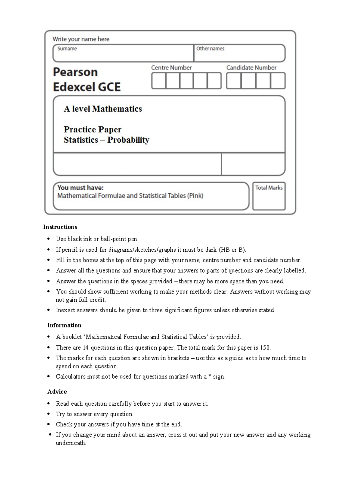 A Level Mathematics Practice Paper: Probability Instructions and ...