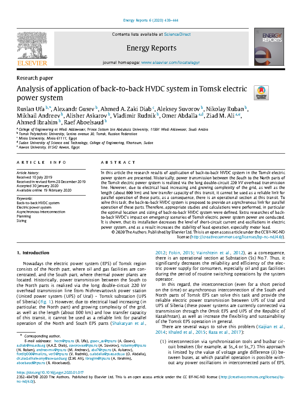 Analysis of Back-to-Back HVDC System Application in Tomsk EPS (2020 ...