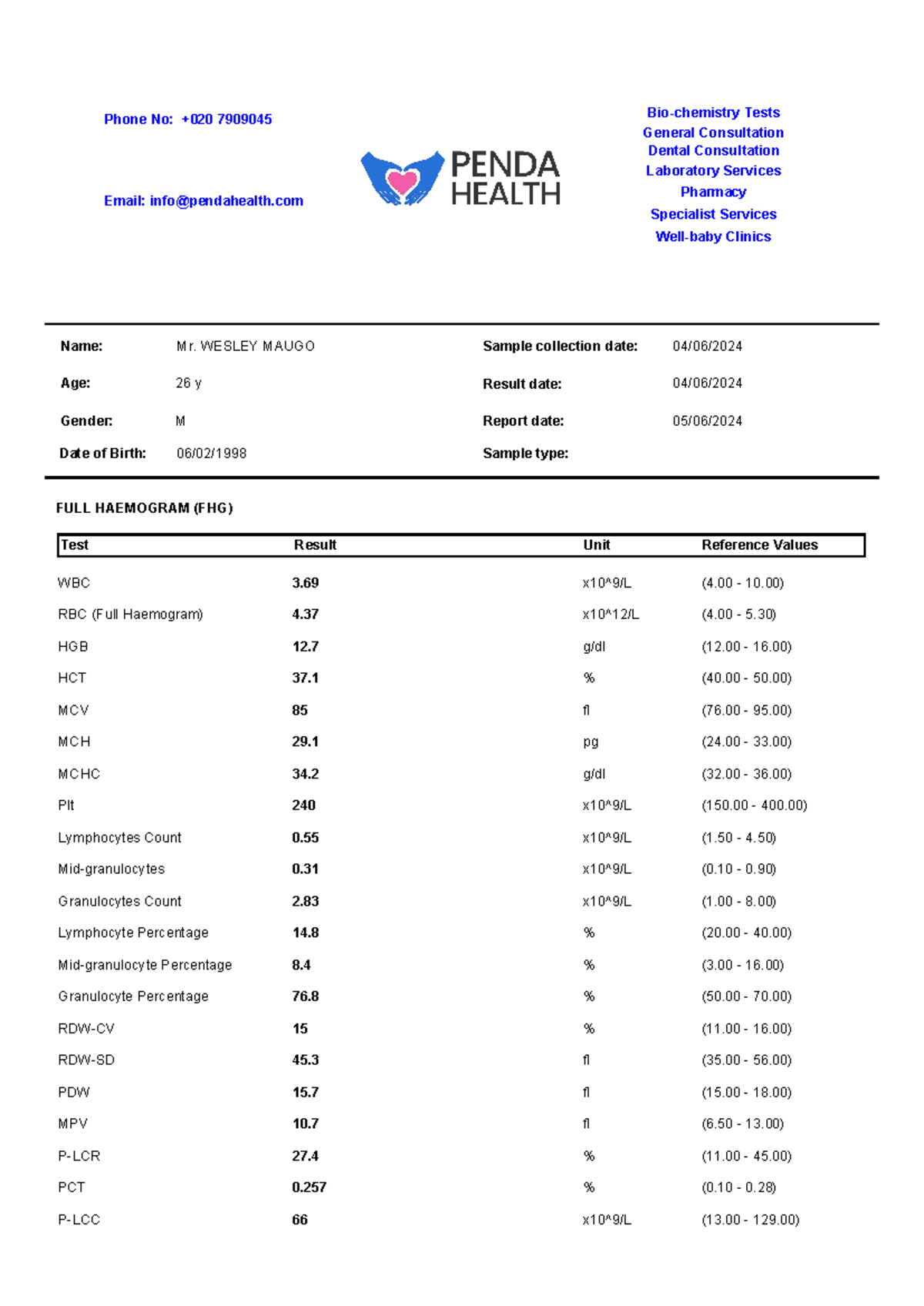 Custom Lab Result Print - Full Haemogram Report for Mr. Maugo - Studocu
