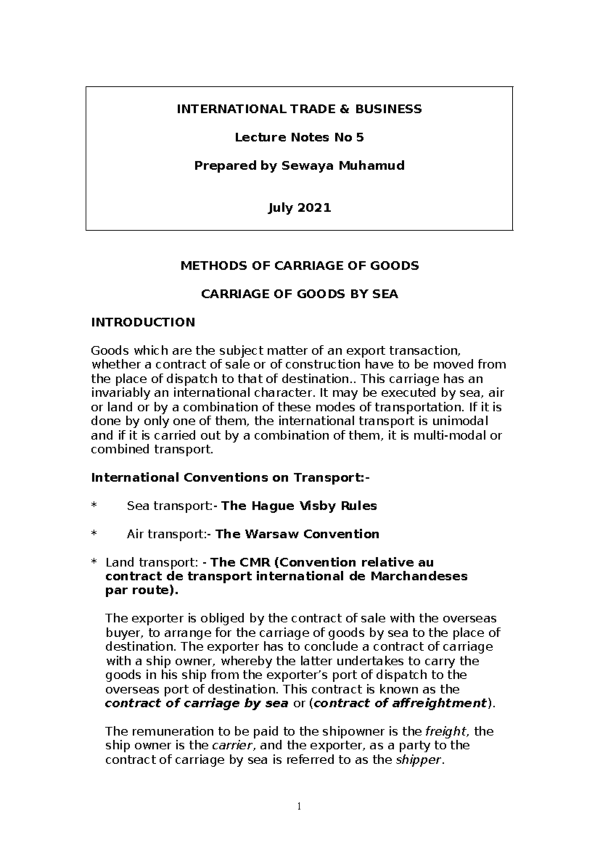Chapter 5: Carriage of Goods by Sea - International Trade & Business ...
