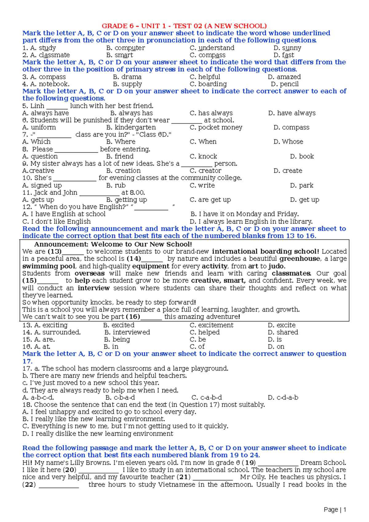 GRADE 6 UNIT 1 TEST 02: A NEW SCHOOL - Pronunciation & Comprehension ...