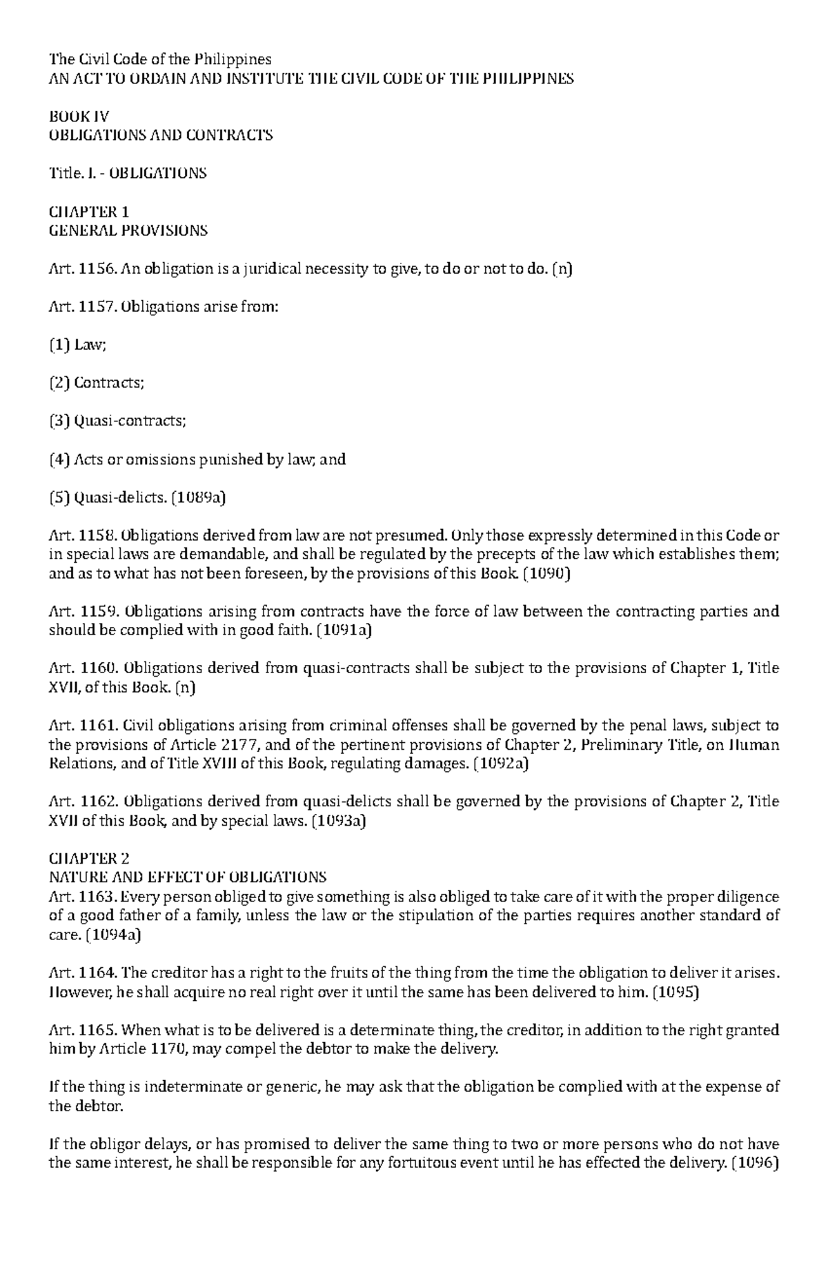 New Civil Code of the Philippines: Obligations and Contracts Overview ...