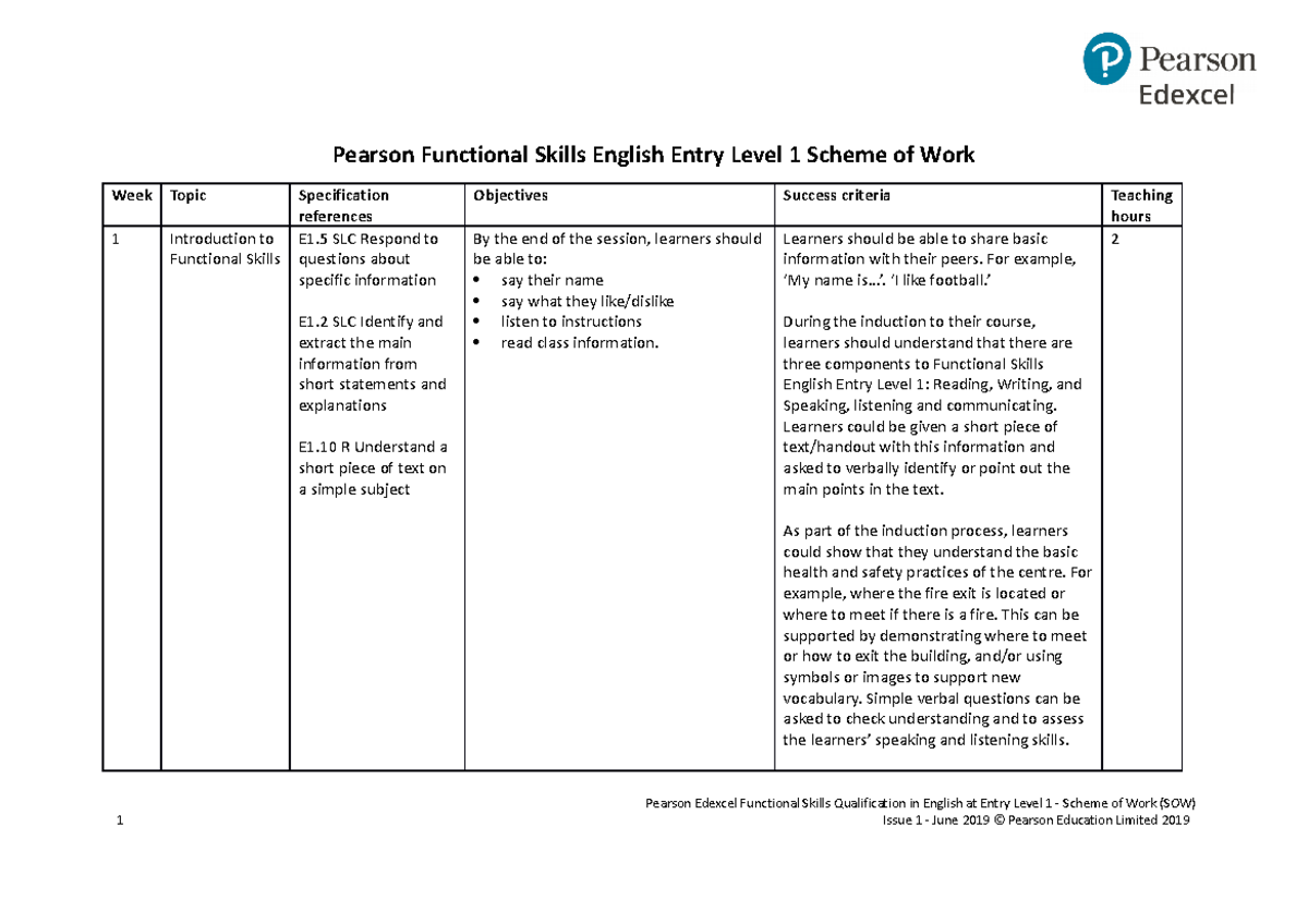 Pearson FS English E1 Scheme of Work Overview and Activities - Studocu