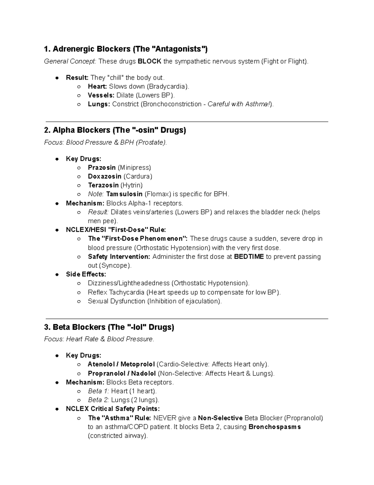 Medical Surgical Lecture Notes: Adrenergic Blockers Overview - Studocu