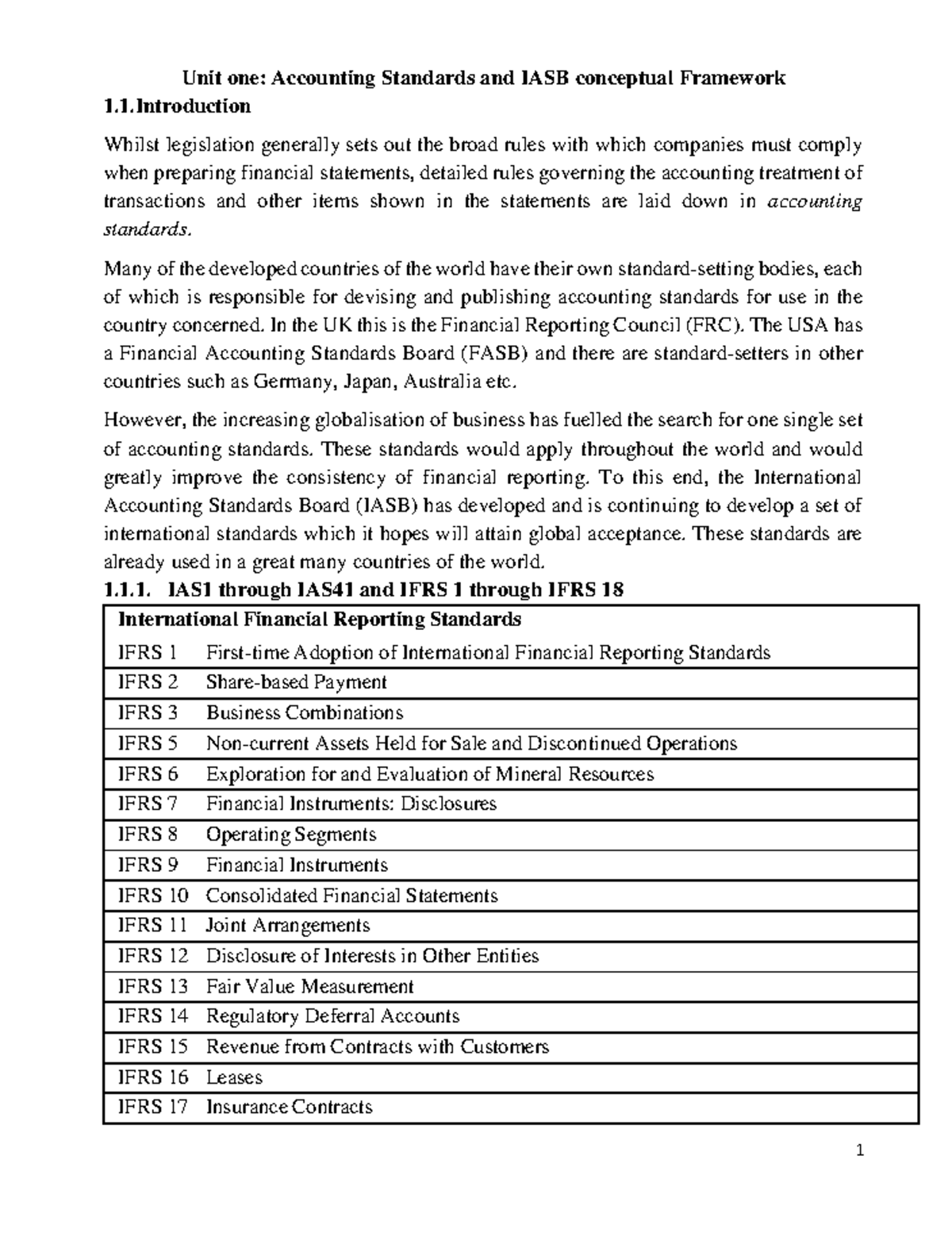 Unit 1: Accounting Standards & IASB Conceptual Framework Overview - Studocu