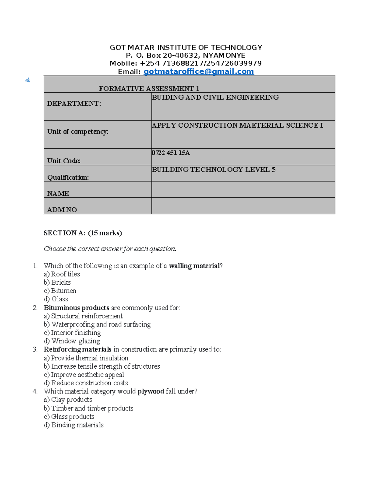 Material Science Exam 1: Construction Materials (0722 451 15A) - Studocu