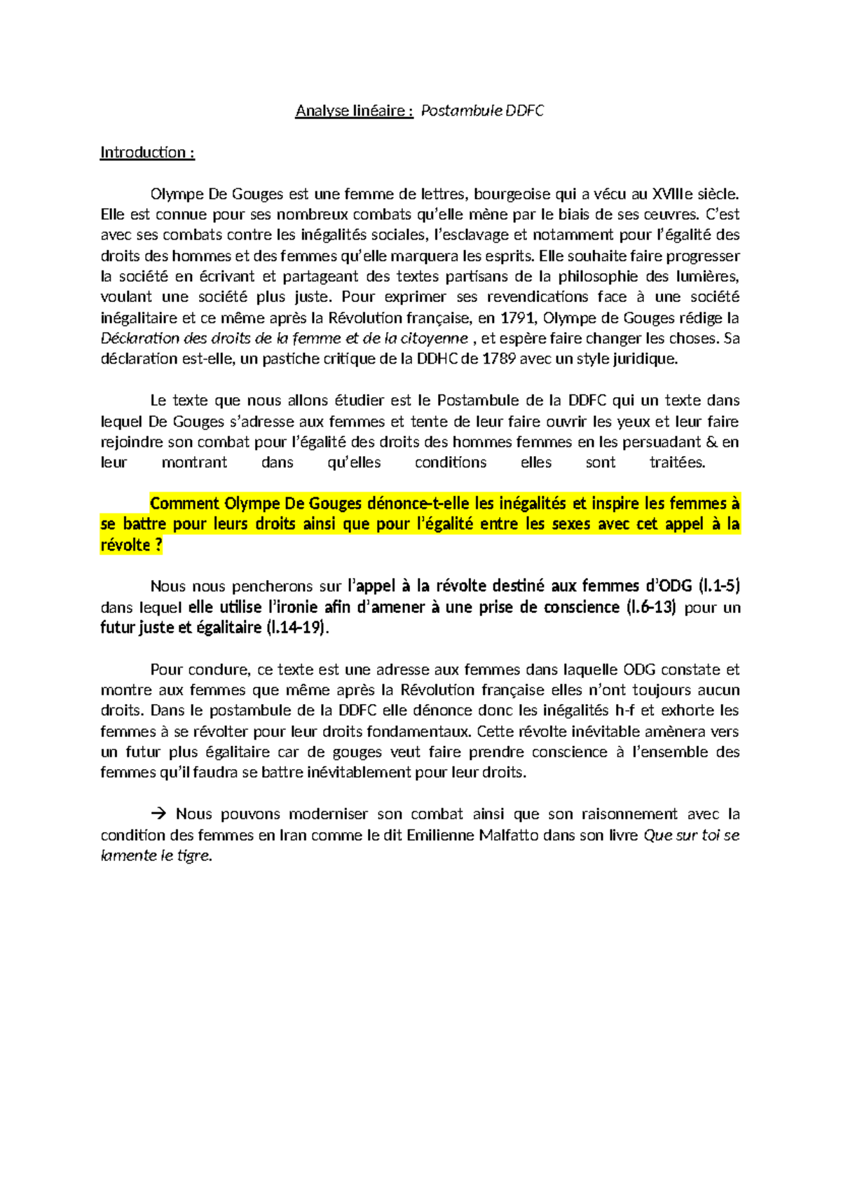 Analyse linéaire du Postambule DDFC : L'appel à la révolte d'ODG - Studocu