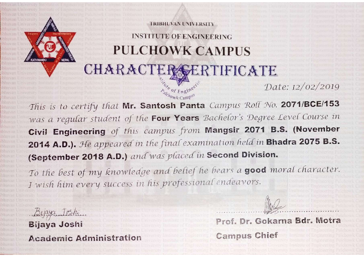 Character Certificate - Mr. Santosh Panta - Civil Engineering - TU ...