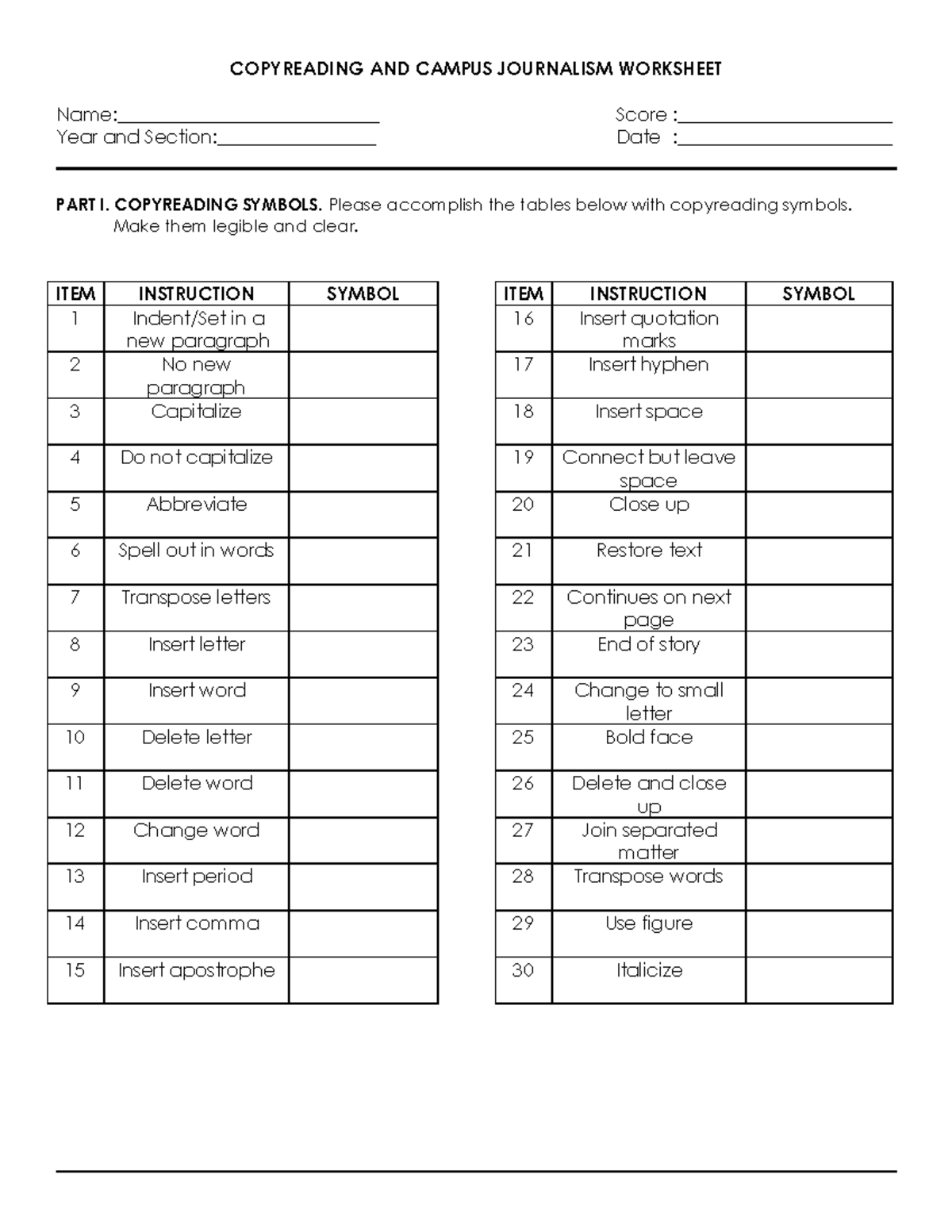 Copyreading and Campus Journalism Worksheet PDF - COPYREADING AND ...