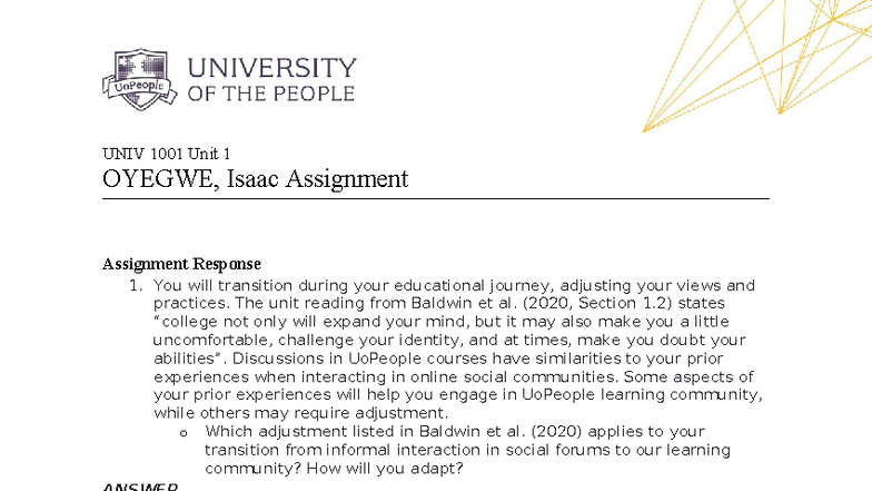 UNIV 1001 Unit 1 Assignment: Adapting to UoPeople Learning Community ...
