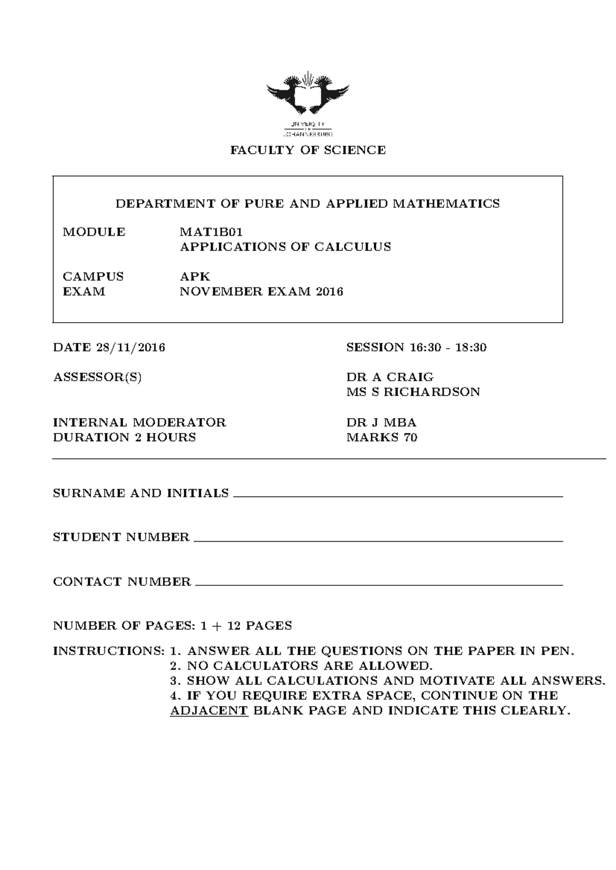 Applications of Calculus,FOR THE FIRST YEAR - MAT1B01 - UJ - Studocu