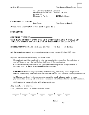 Physics 157 Final Exam Review Package Solutions - Physics 157 Final Exam Review Package ...
