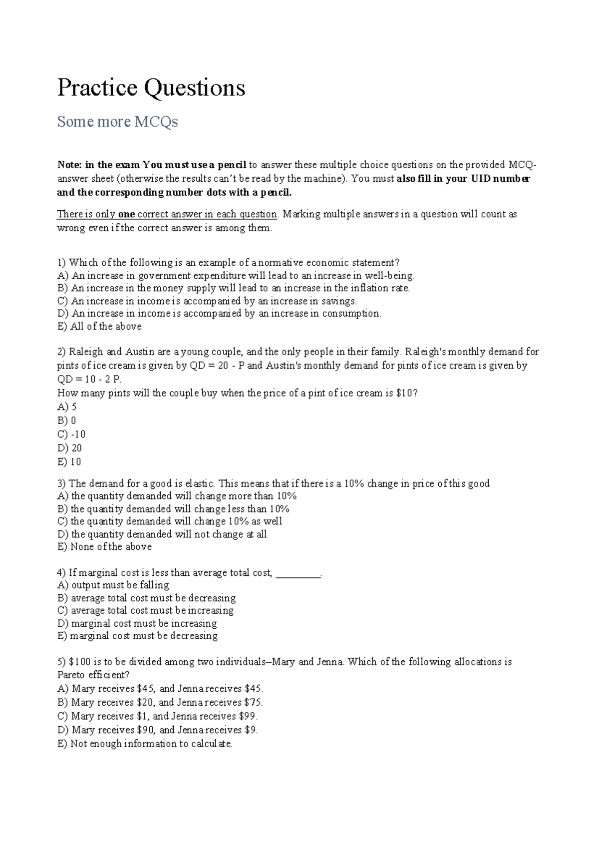Final Practice Questions 2: MCQs and Economic Concepts - Studocu