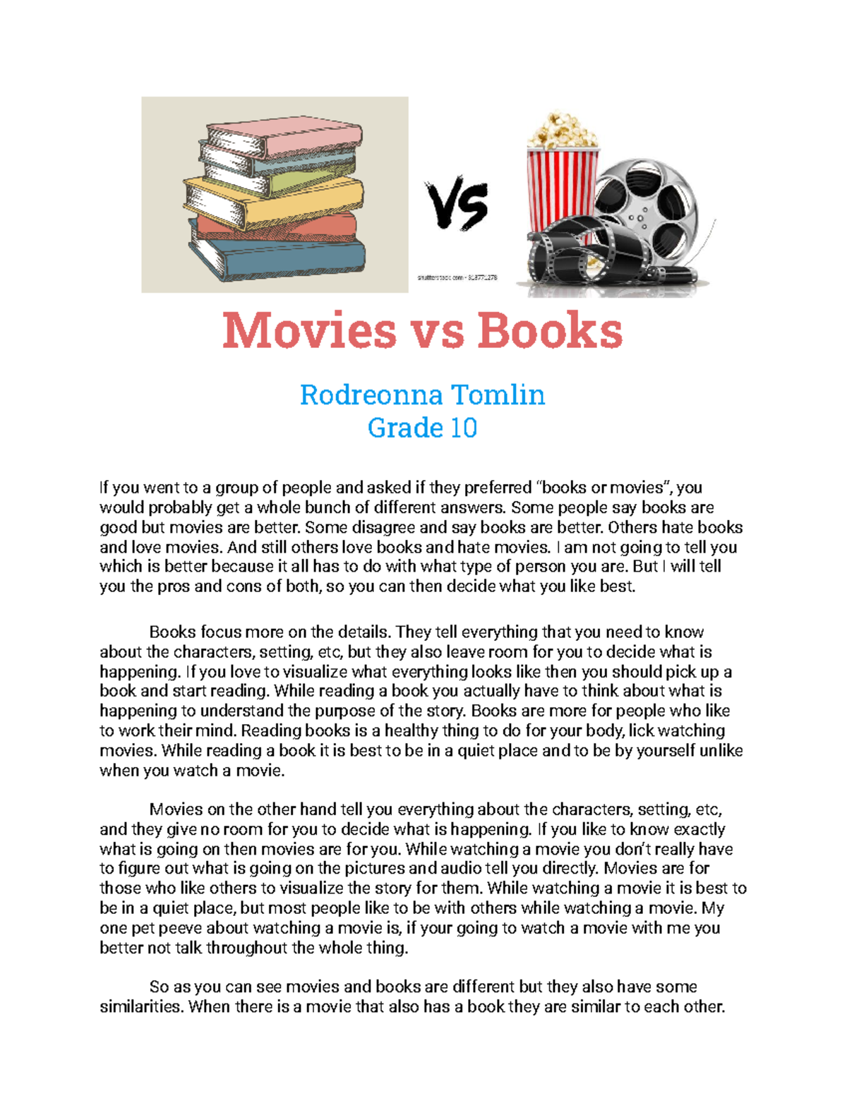 Movies vs. Books Essay, Compare and Contrast, Short Essay - Movies vs ...