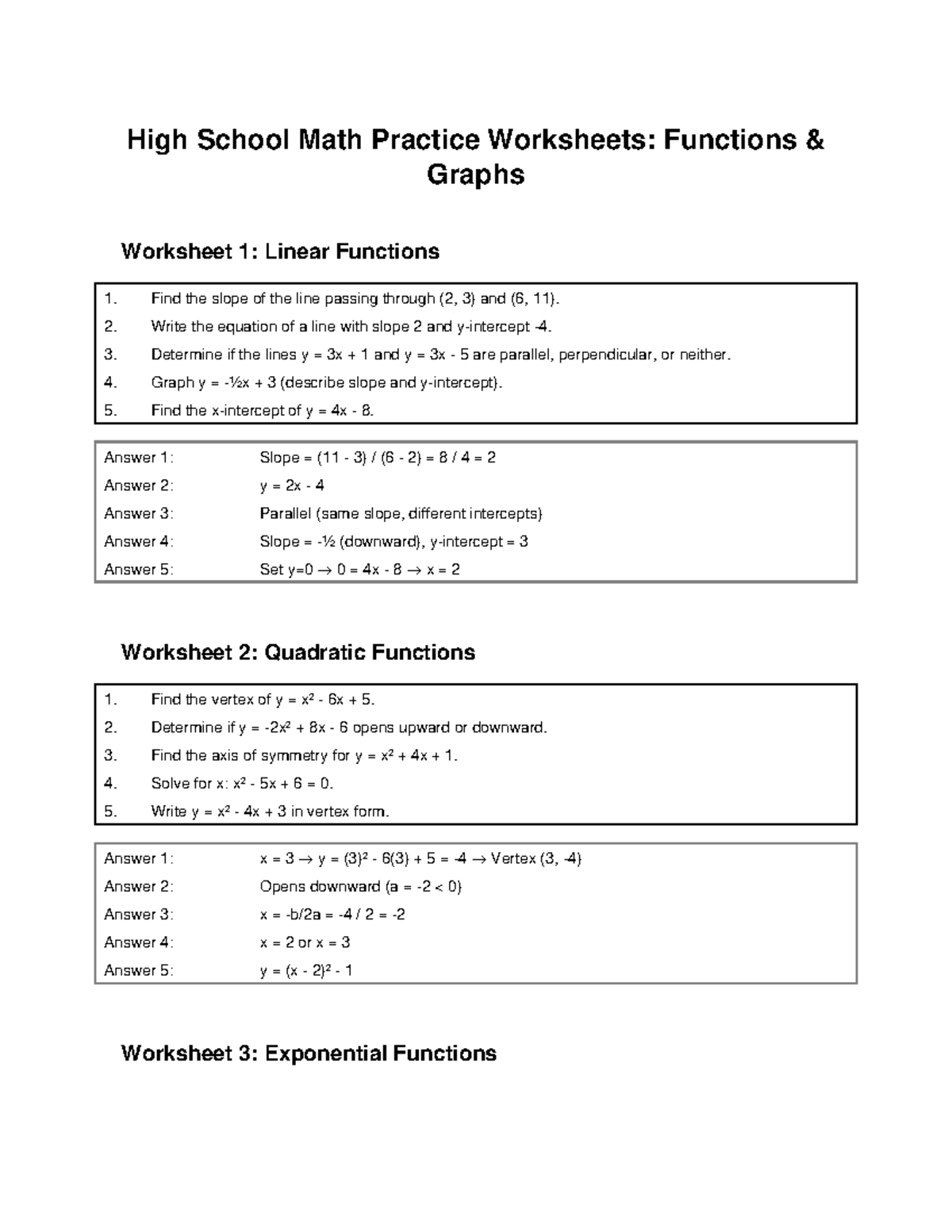 High School Math Worksheets: Functions Practice & Solutions - Studocu