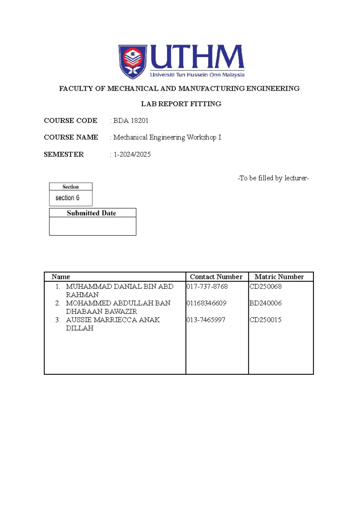 Lab Report on Fitting Techniques in Mechanical Engineering Workshop ...