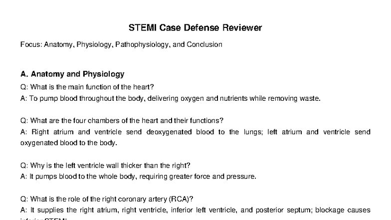 STEMI Case Defense Reviewer: Anatomy, Physiology & Pathophysiology Insights - Studocu