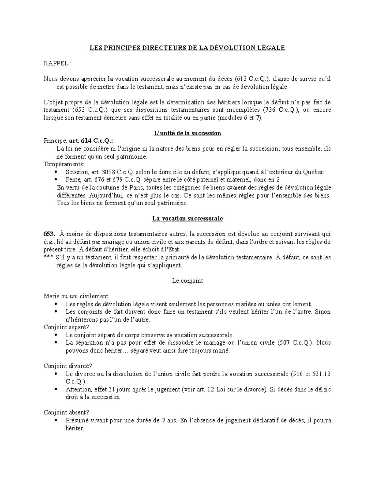 Succession cours 2 - LES PRINCIPES DIRECTEURS DE LA DÉVOLUTION LÉGALE ...
