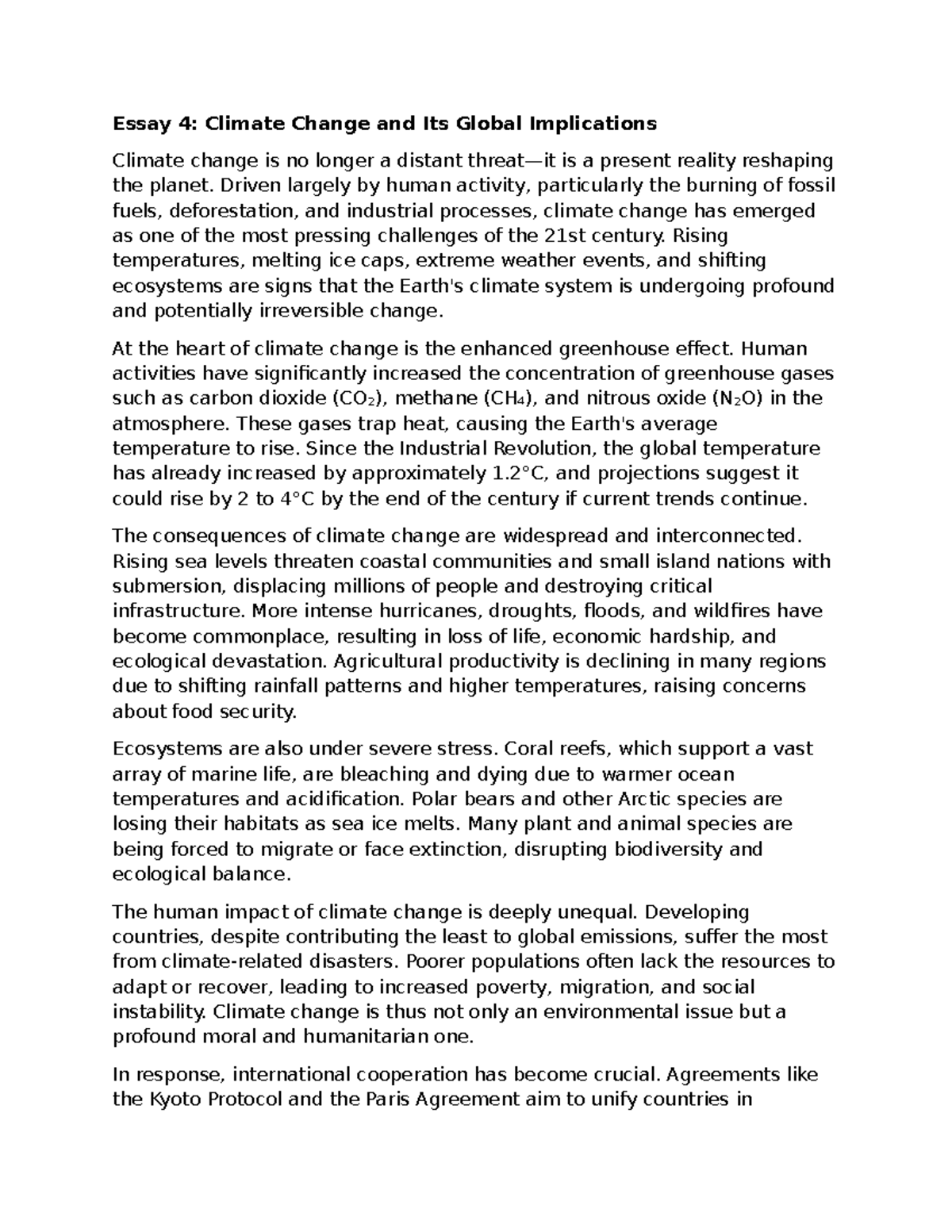 Essay 4: Climate Change and Its Global Implications - Analysis and ...