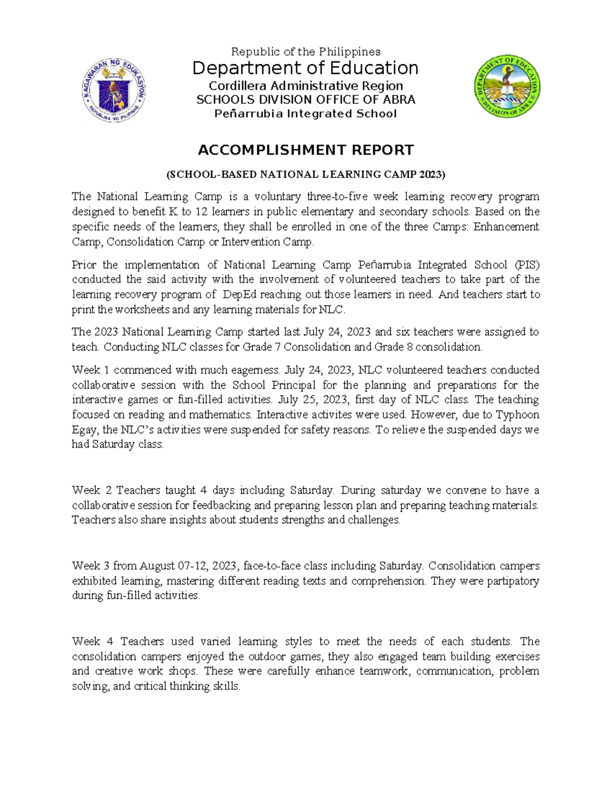 Accomplishment Report: NLC School-Based Program 2023 - Studocu
