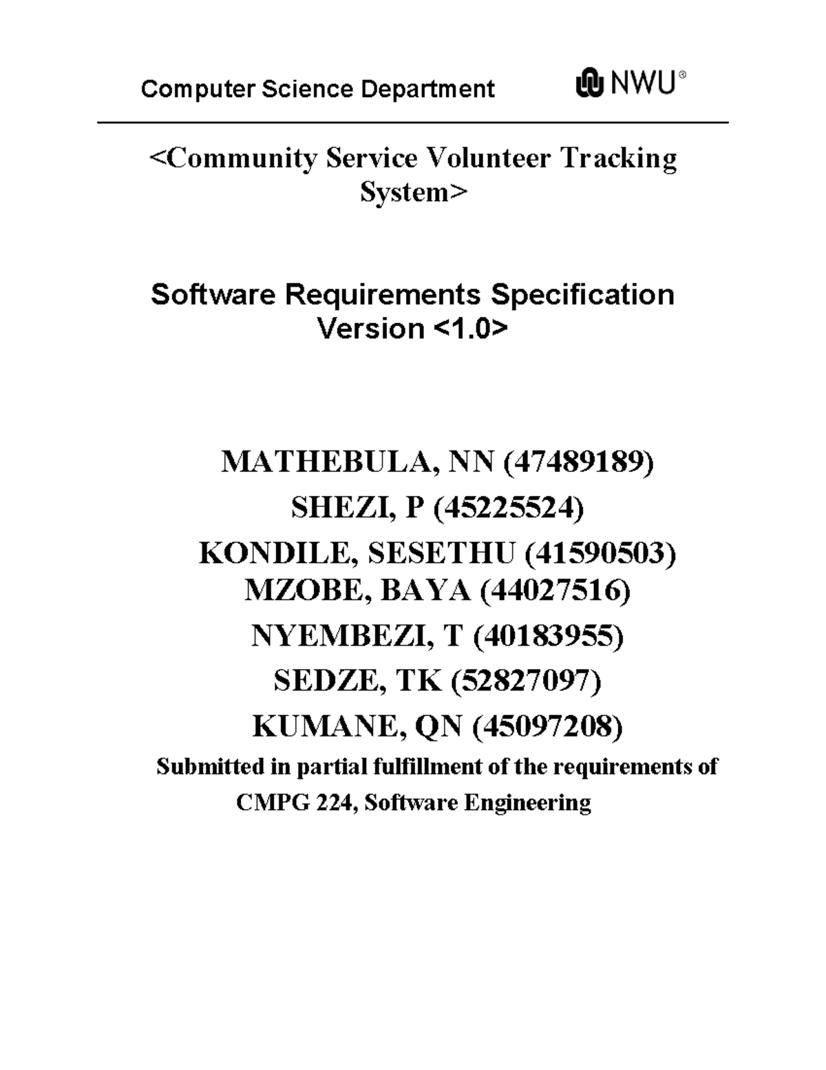 CMPG 224 Community Service Volunteer Tracking System SRS Draft - Studocu