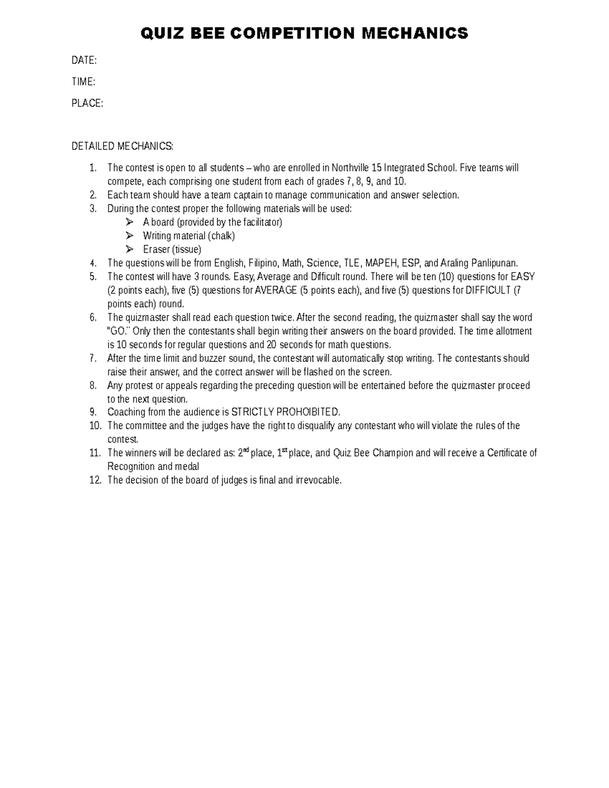 QUIZ BEE Competition Mechanics - QUIZ BEE COMPETITION MECHANICS DATE ...