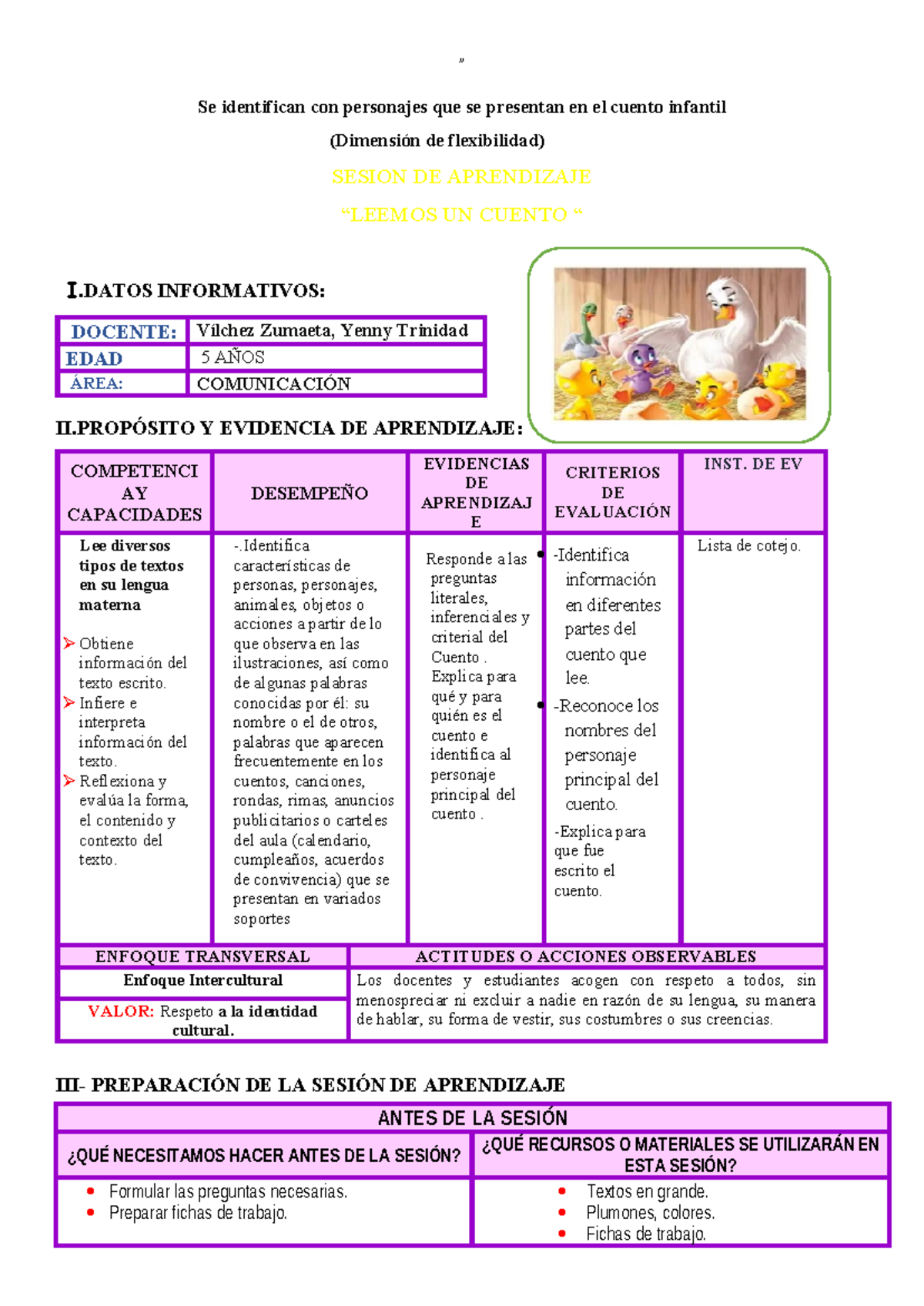 Sesión de Aprendizaje: Identificación de Personajes en "Cuento Patito ...