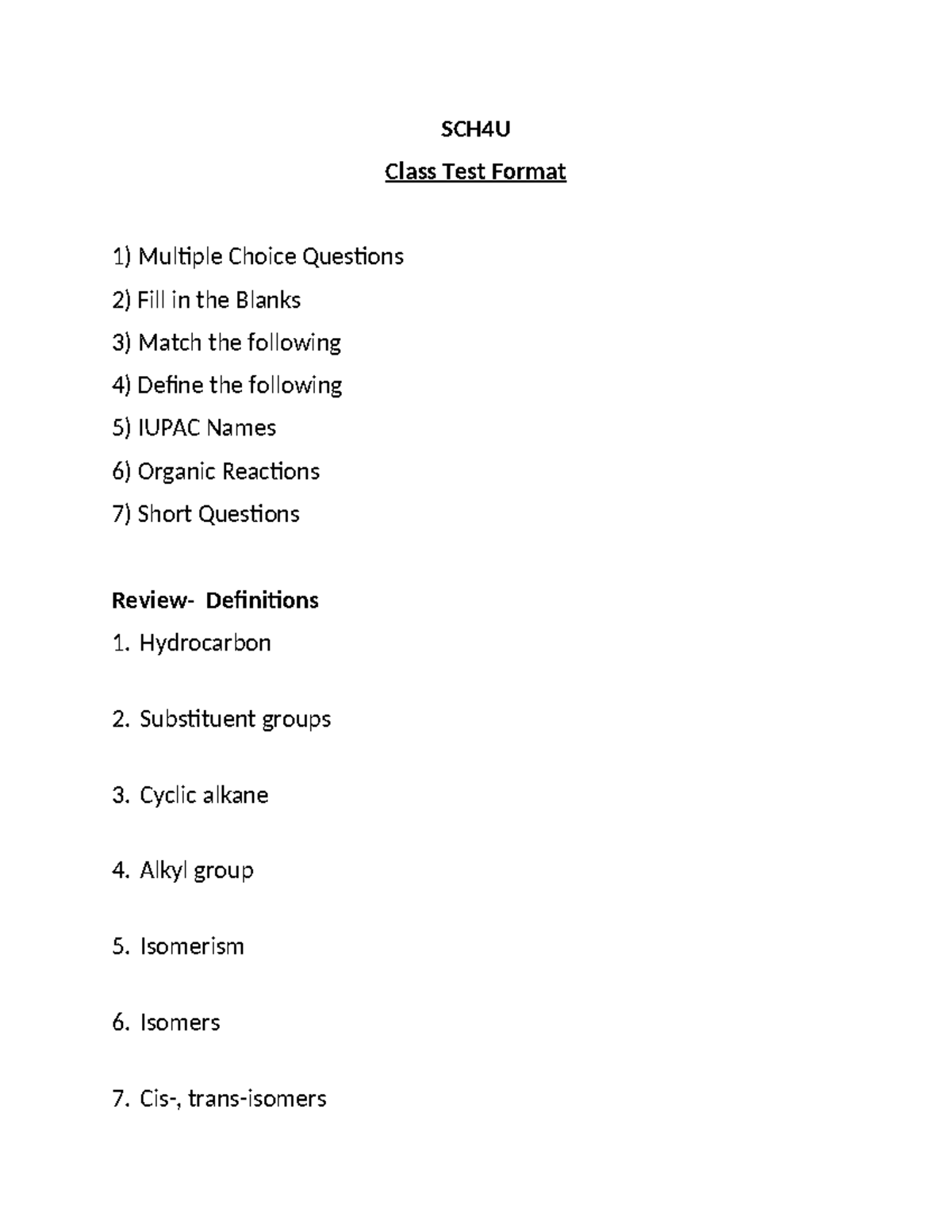 SCH4U Class Test Format: Organic Chemistry Review Guide - Studocu