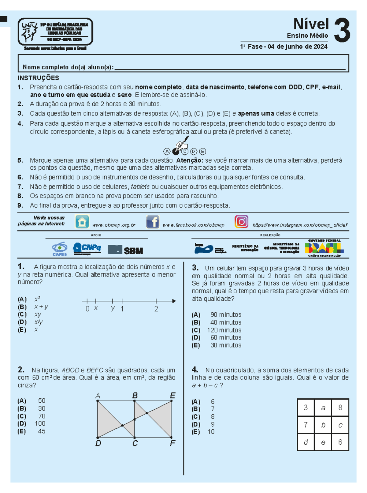 OBMEP F1 N3 - Prova de Matemática Ensino Médio 2024 - Studocu