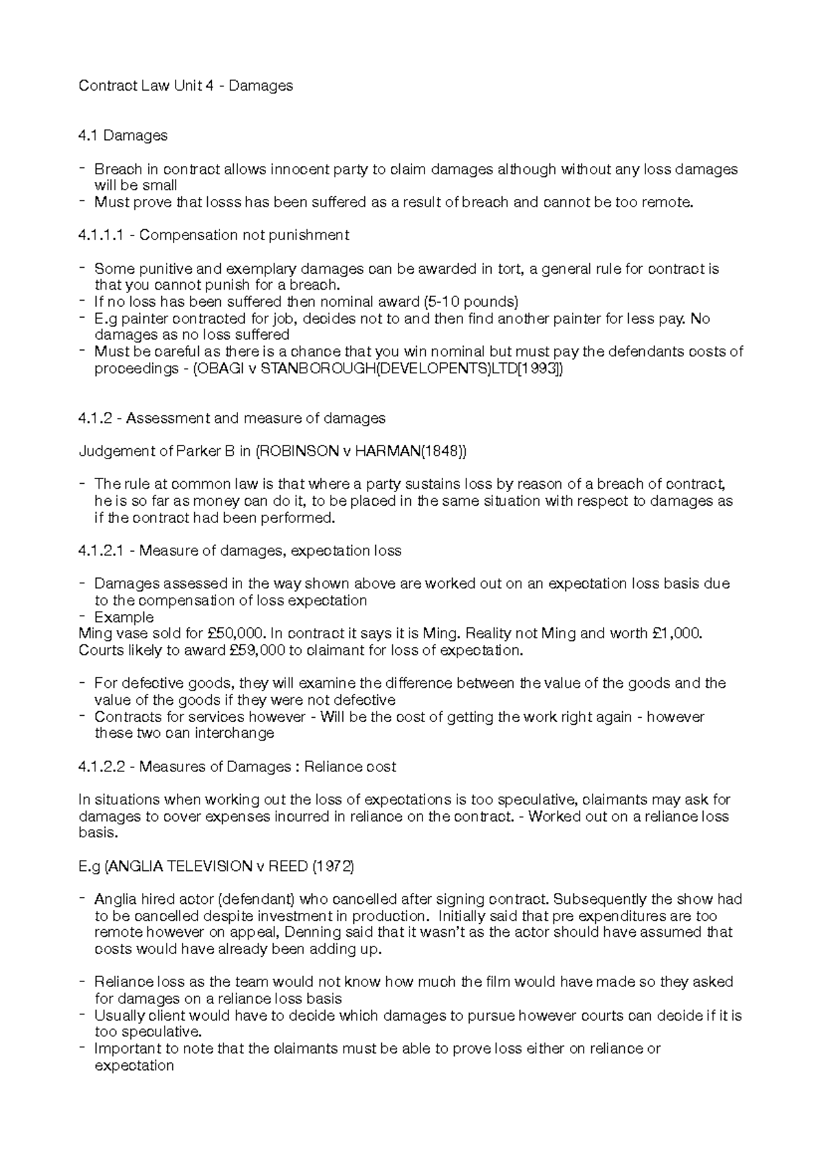Contract Law Unit 4: Comprehensive Guide to Damages and Compensation ...