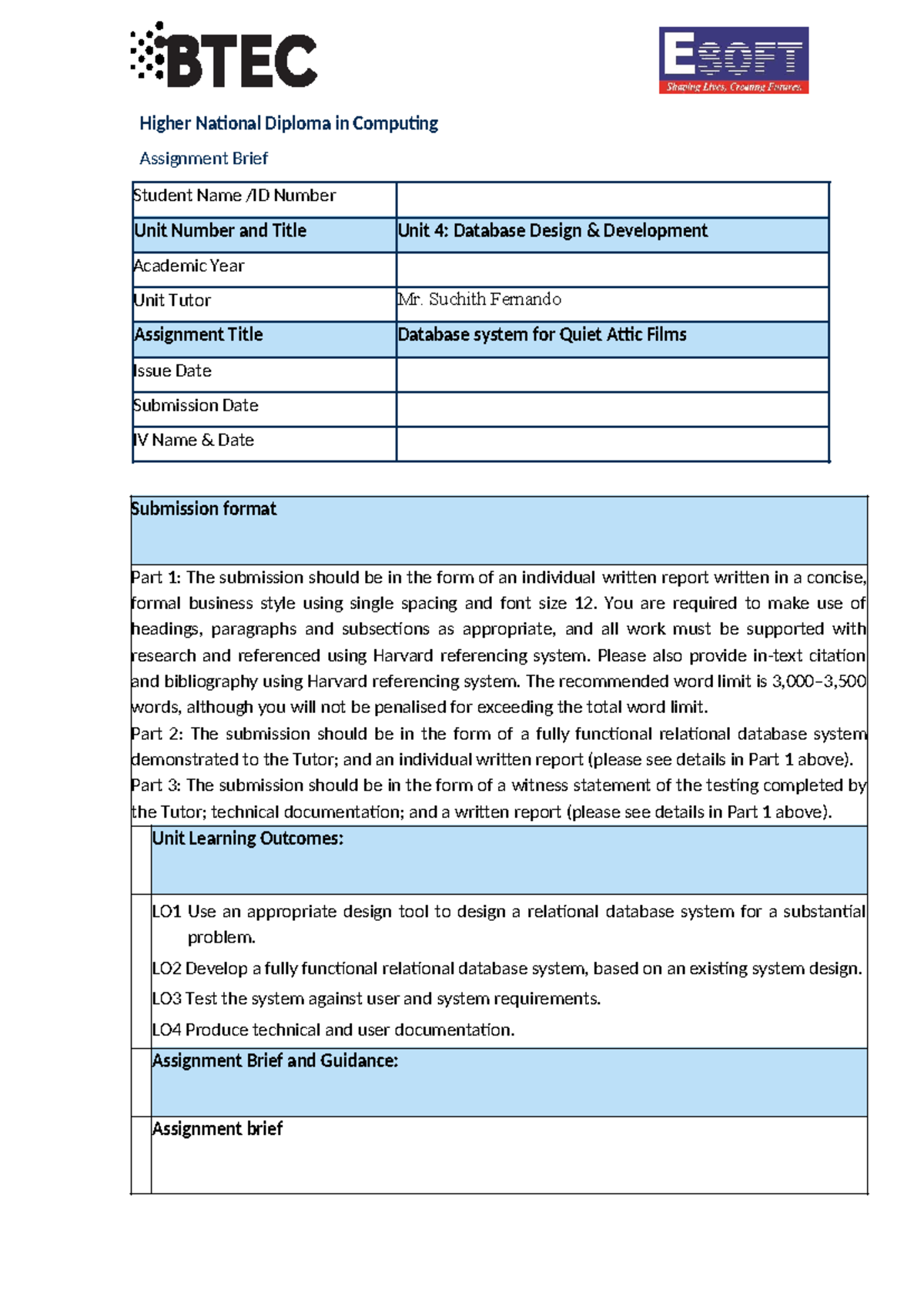 Unit 04 - Database Design & Development - Higher National Diploma in Computing Assignment Brief ...