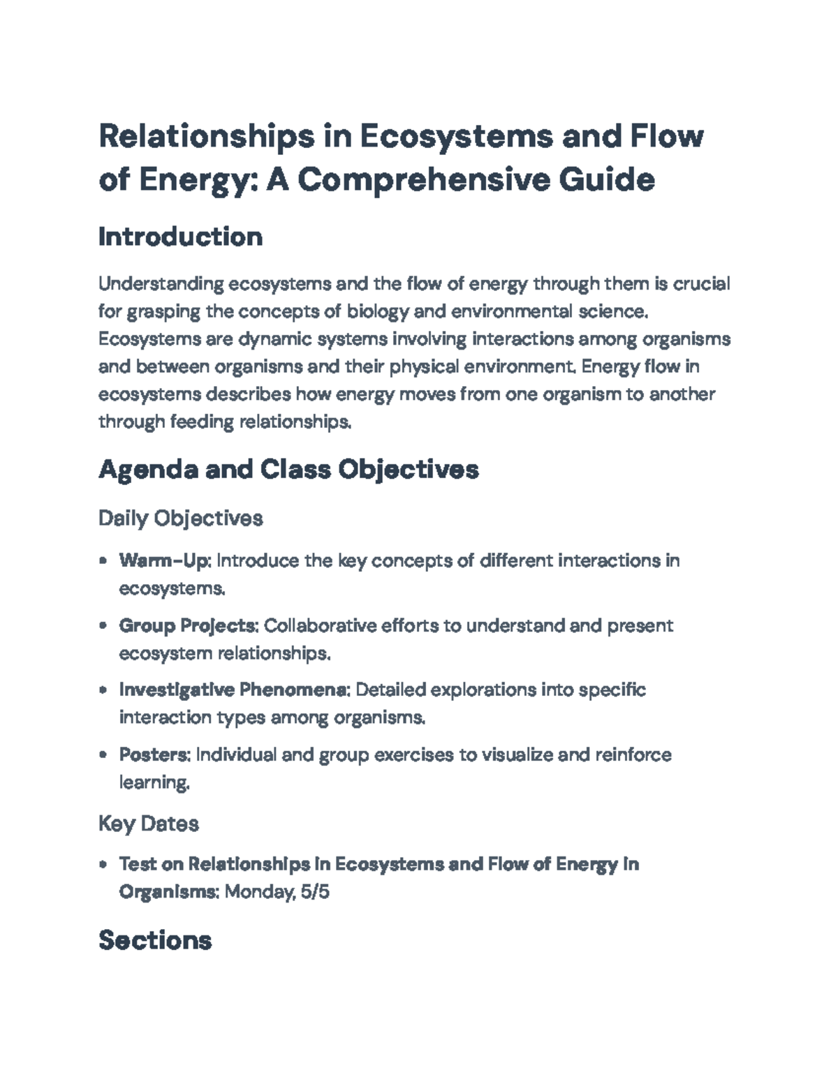 Relationships in Ecosystems and Energy Flow: A Class Guide for BIO101 ...
