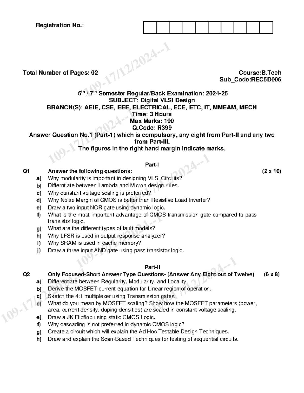 B.Tech 5th & 7th Sem Digital VLSI Design Exam Q&A (REC5D006) - Studocu