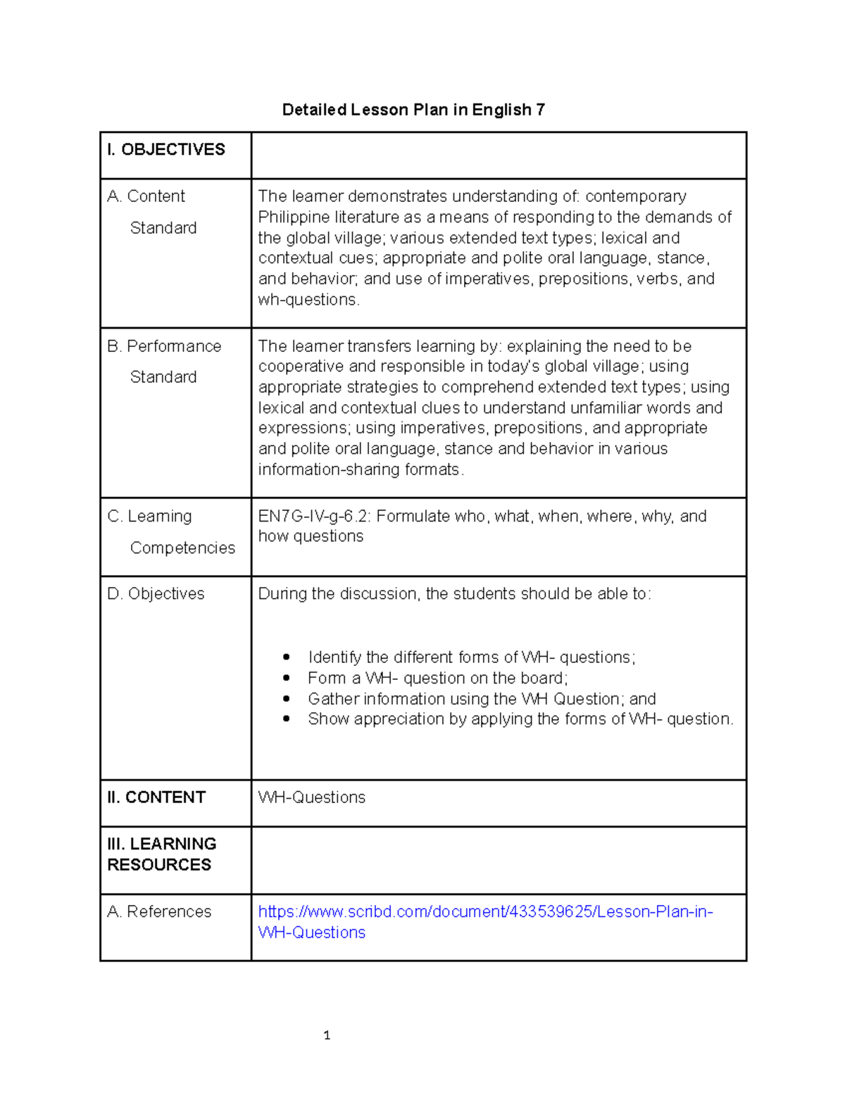 EN7 Lesson Plan: Formulating WH-Questions for English 7 - Studocu