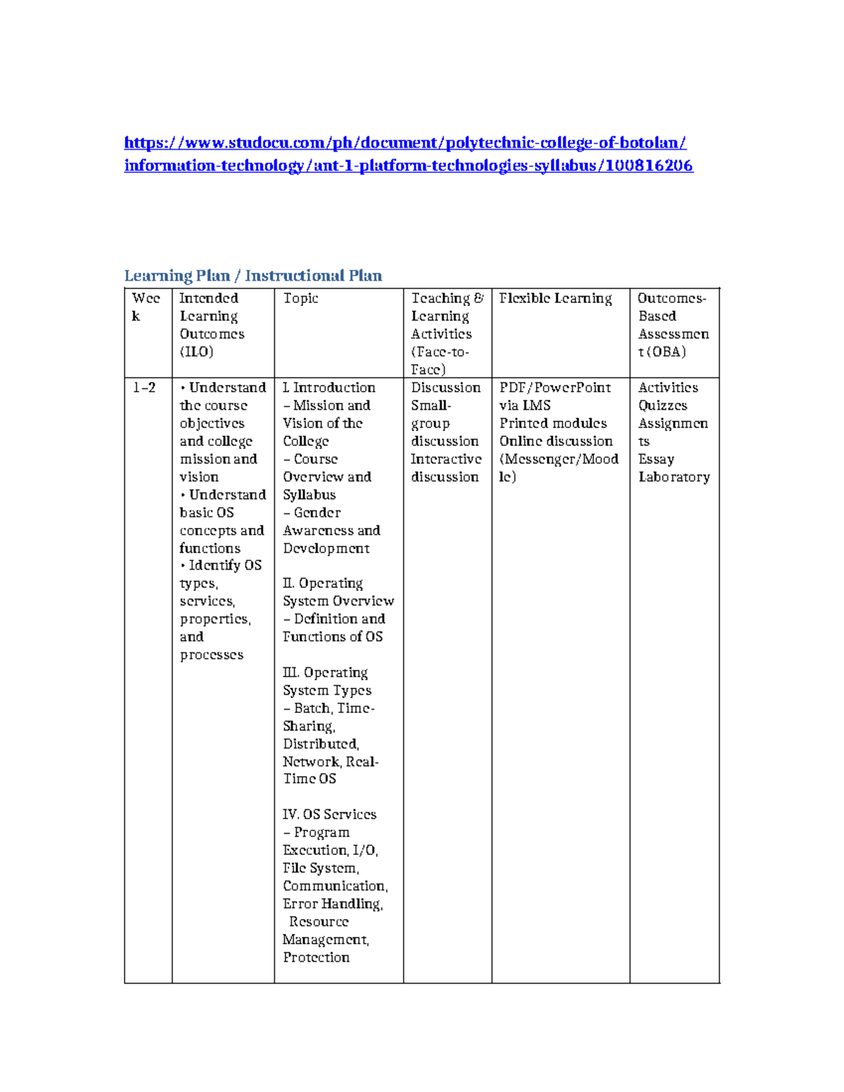 Platform Tech Syllabus: Learning Outcomes & OS Concepts - Studocu
