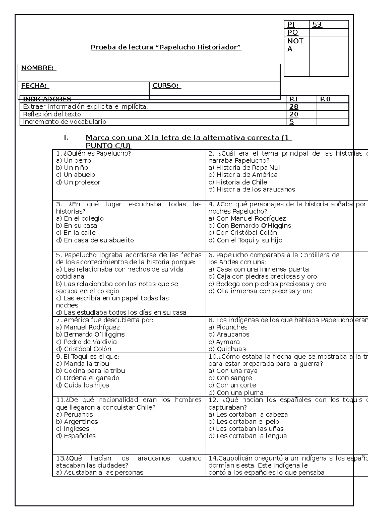 Prueba de Lectura "Papelucho Historiador" - Curso 438158943 - Studocu