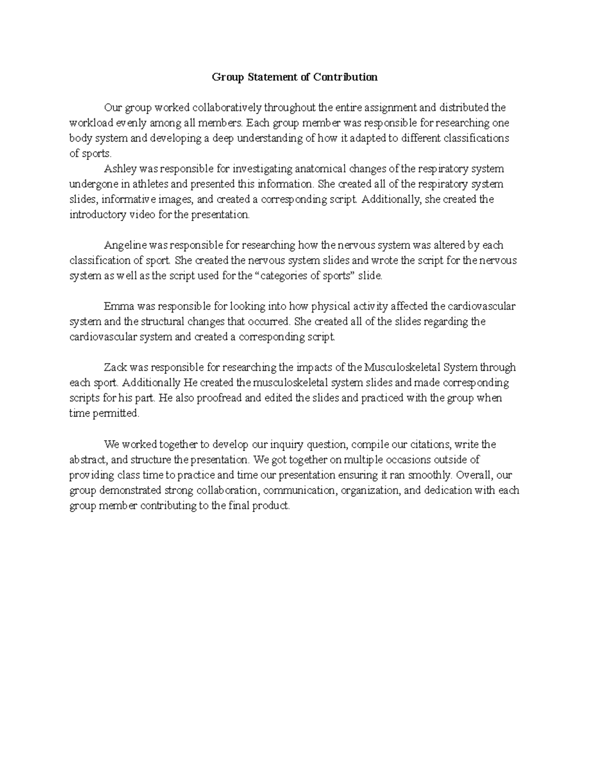 ANAT 216 Group Contribution Statement on Body Systems in Sports - Studocu