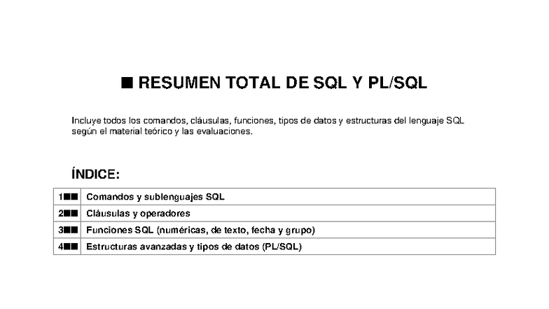 Resumen Total de SQL: Comandos, Funciones y Estructuras - Studocu