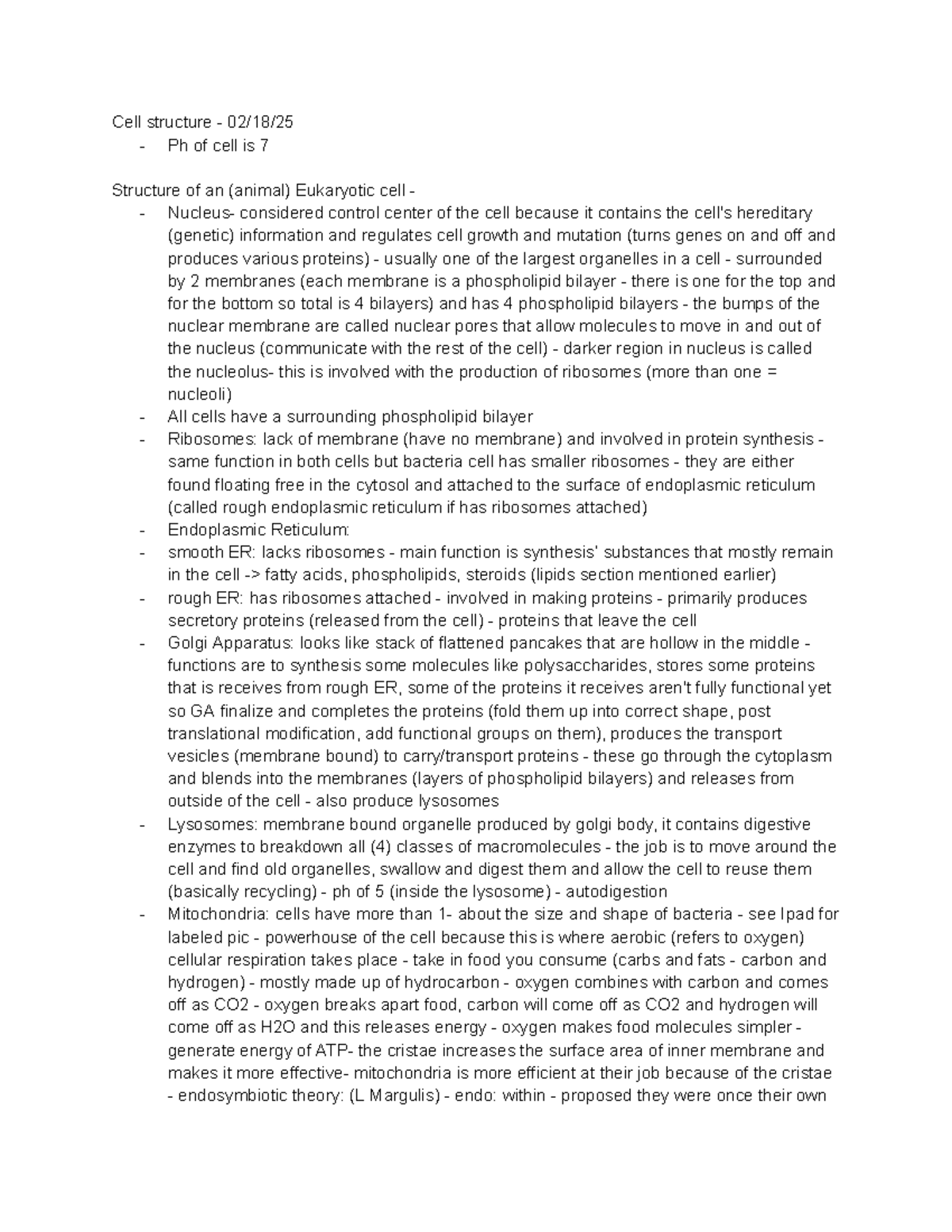 Cell Structure Notes - Eukaryotic Cells & Organelles (Bio 101) - Studocu